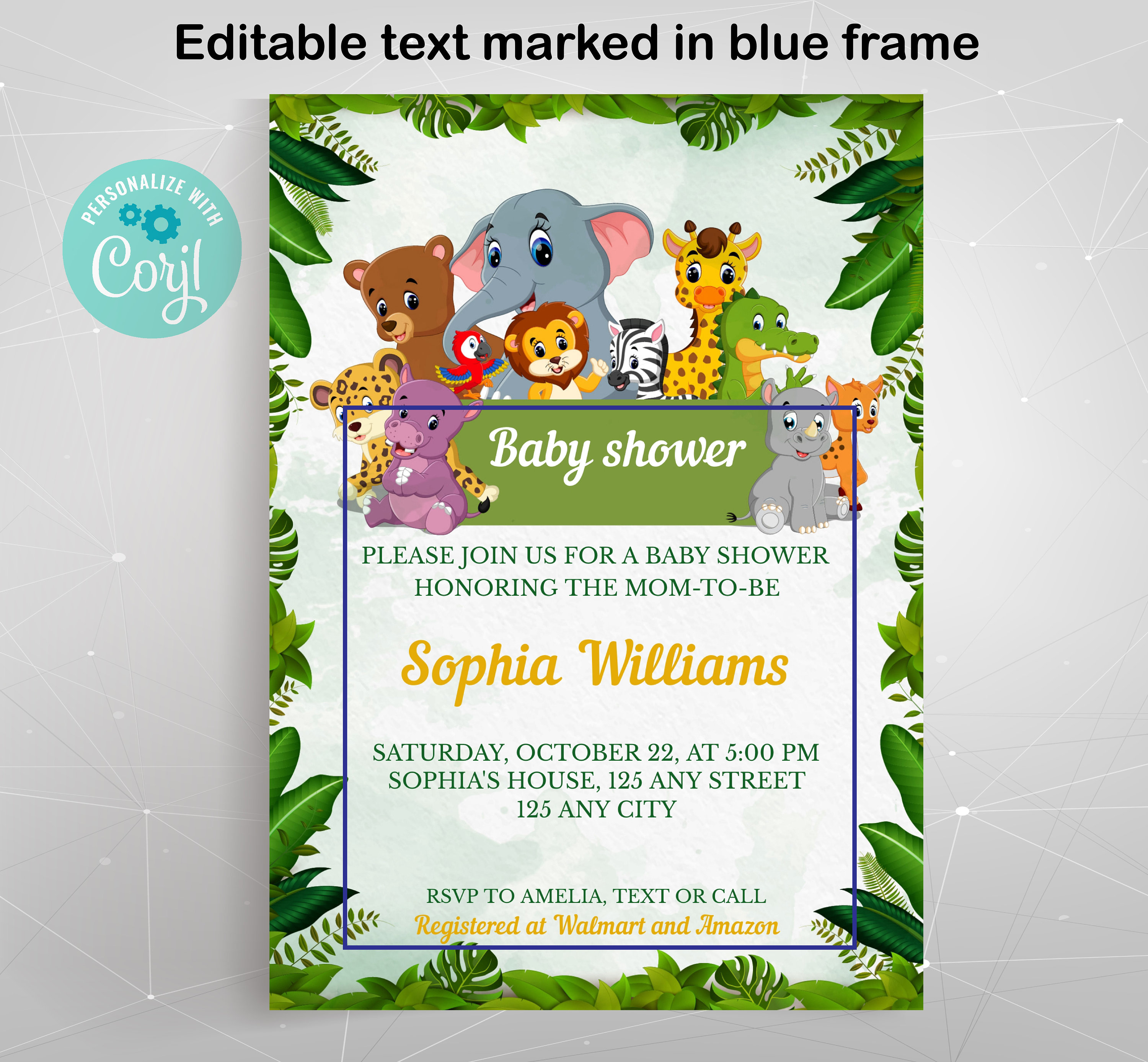 Editable Safari Animals Baby Shower Invitation, Electronic Cartoon ...