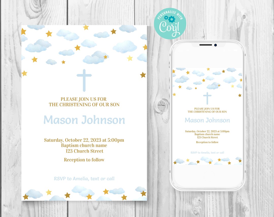 Editable Clouds and Stars Baptism Invitation, Christening Boy Invite ...