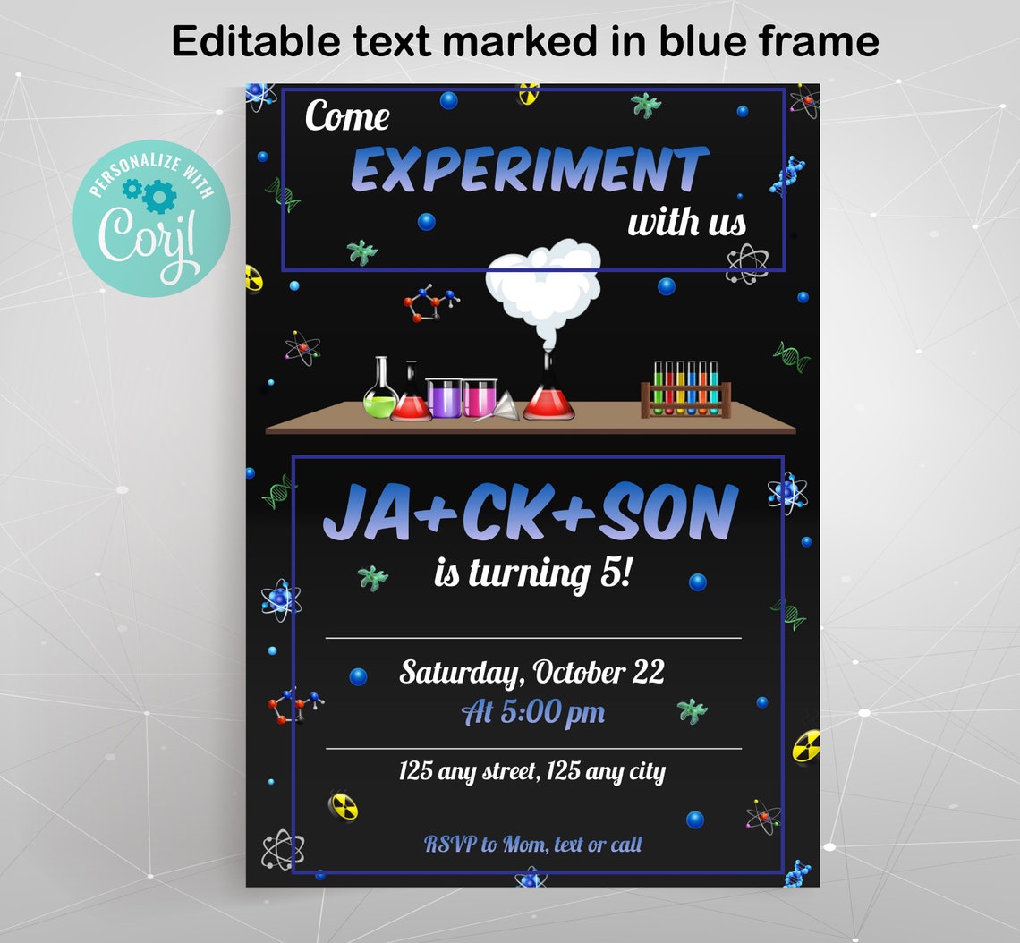 Editable Science Experiment Birthday Party Invitation, Electronic Black ...