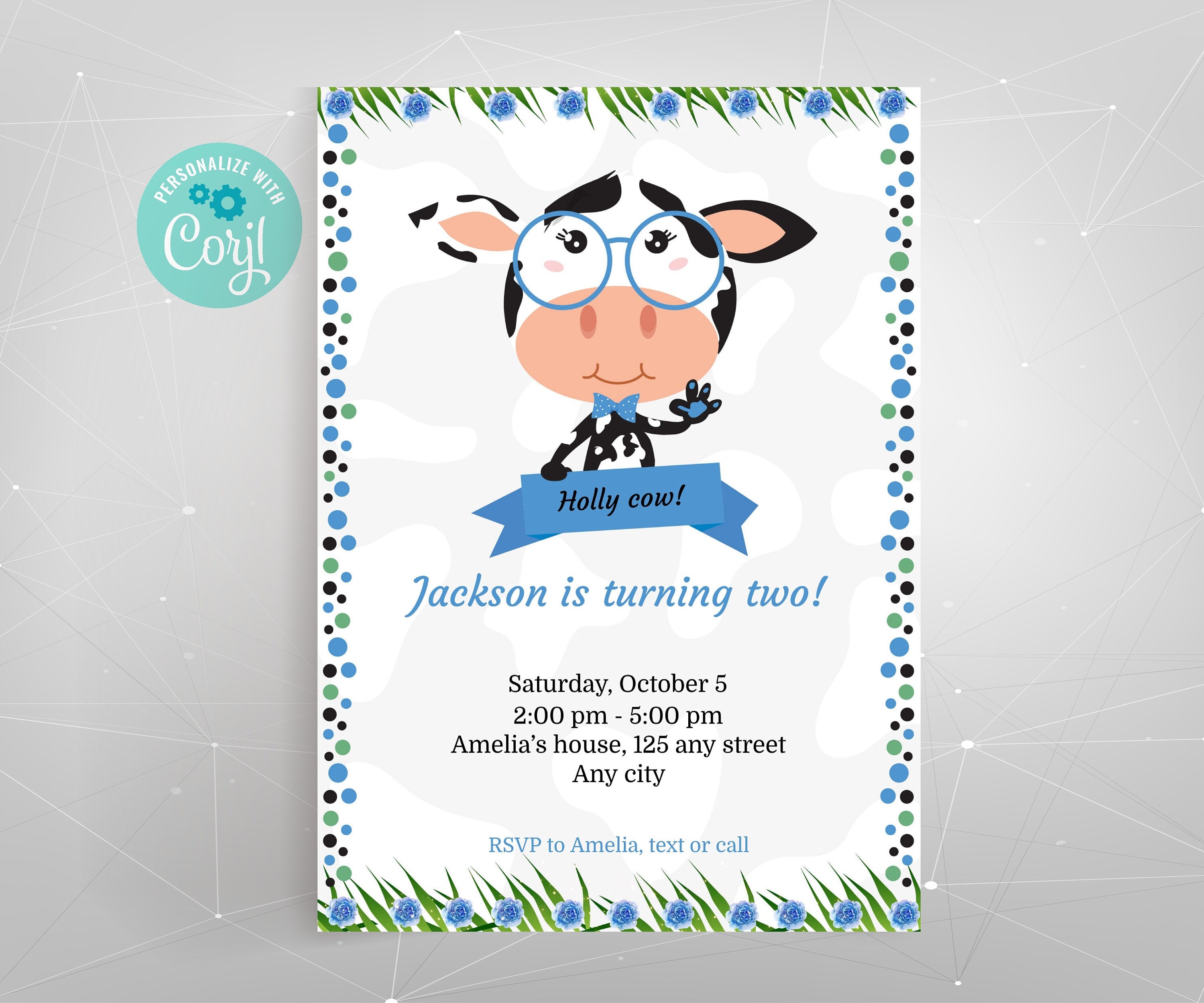 Editable Printable Holly Cow Birthday Boy Invitation, Electronic Cow ...