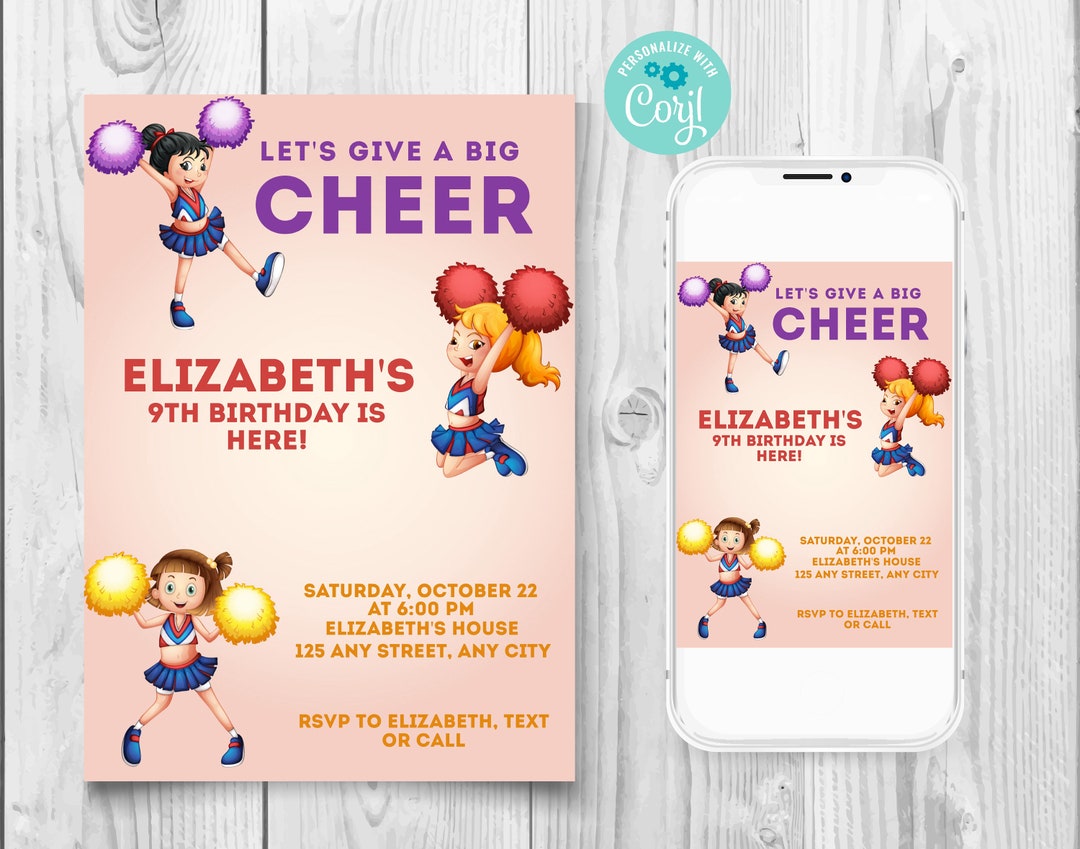 Cheerleaders Birthday Party Invitation, Cheer Party Invite Template ...