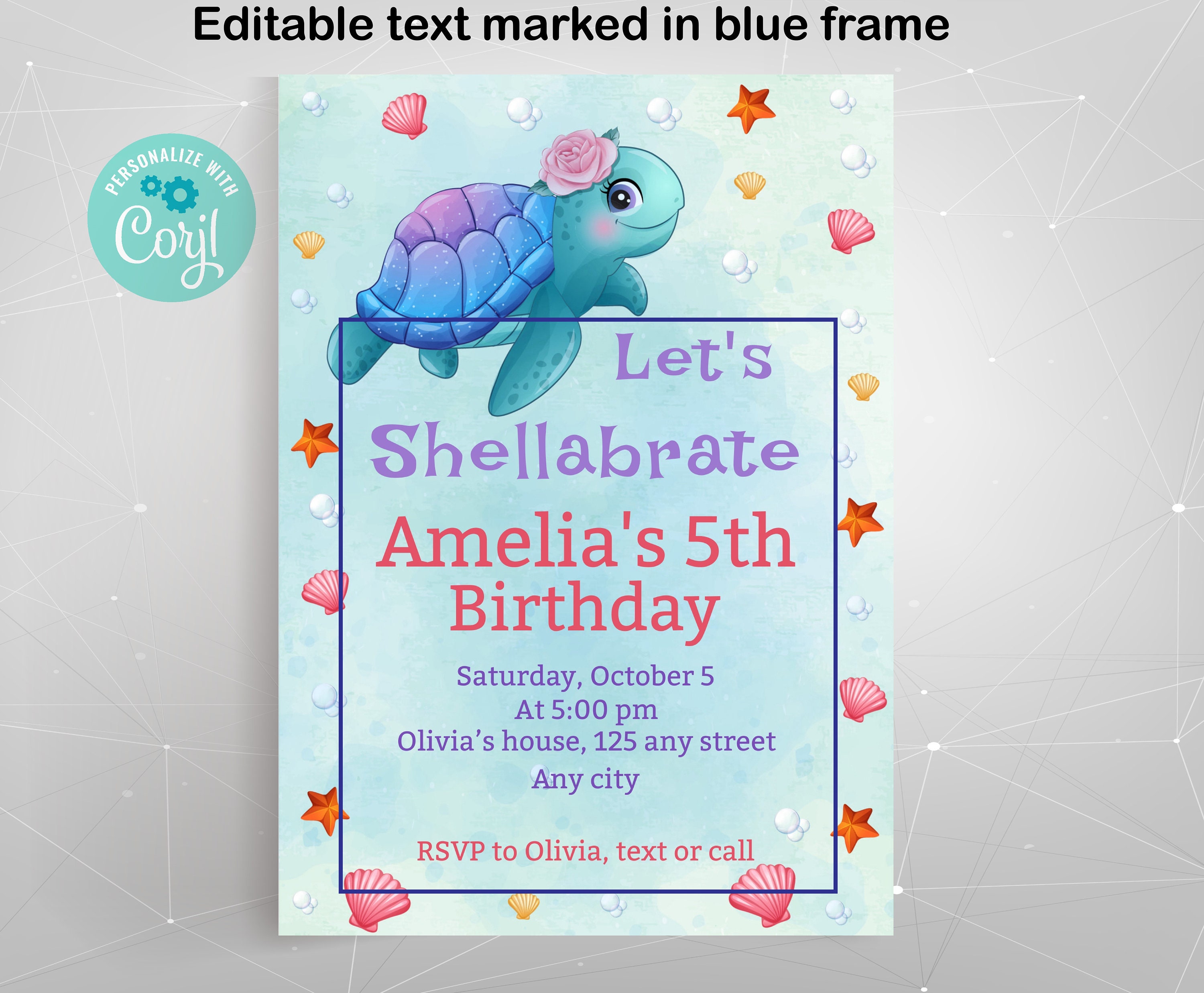 Pink Turtle Birthday Party Invitation, Let's Shellabrate Birthday ...
