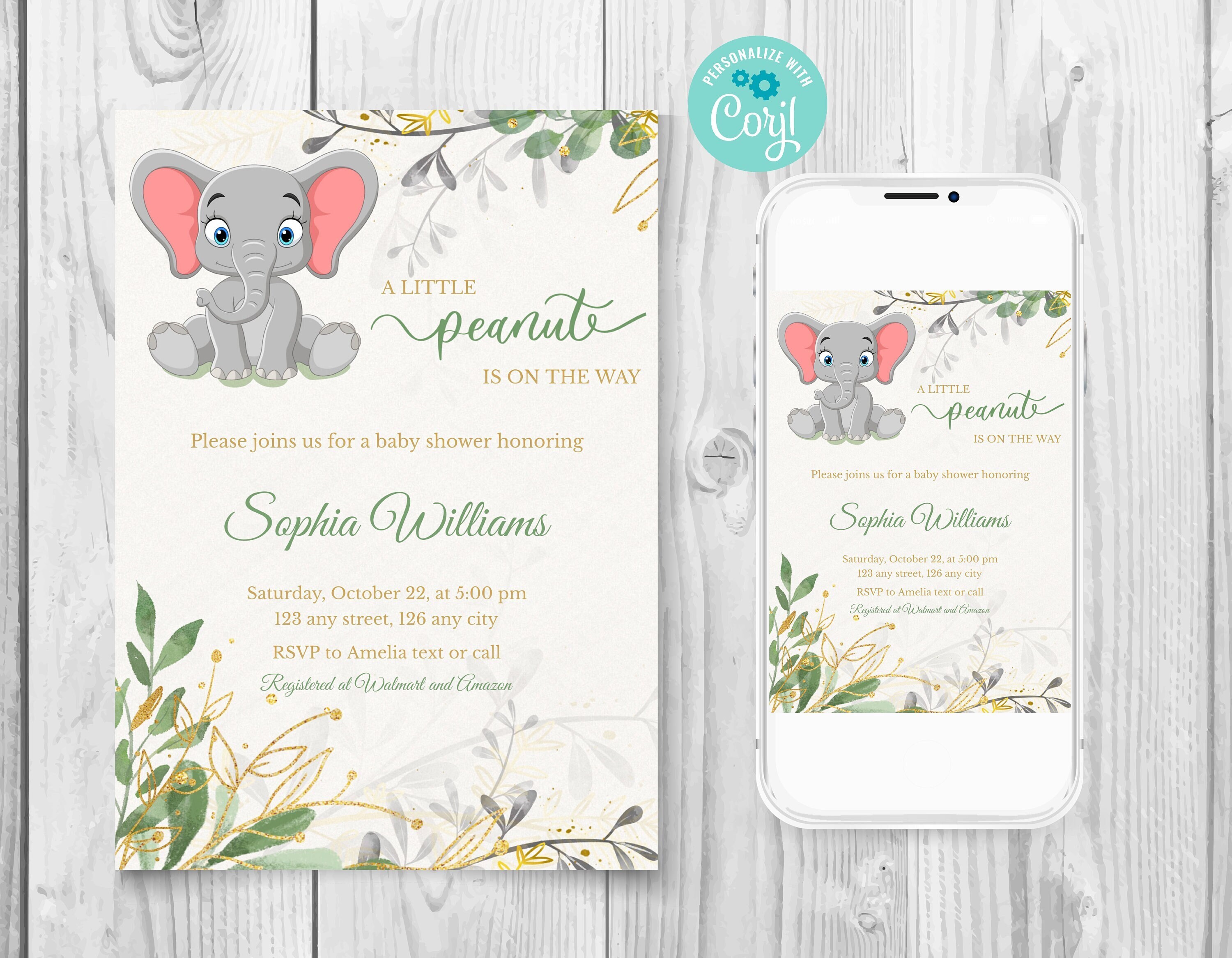 Editable Elephant Baby Shower Invitation, Green Floral Elephant Baby ...