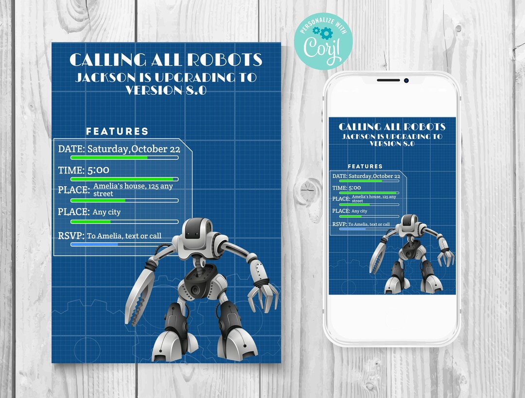 Silver Realistic Robot Birthday Party Invitation, Coding Birthday Party ...