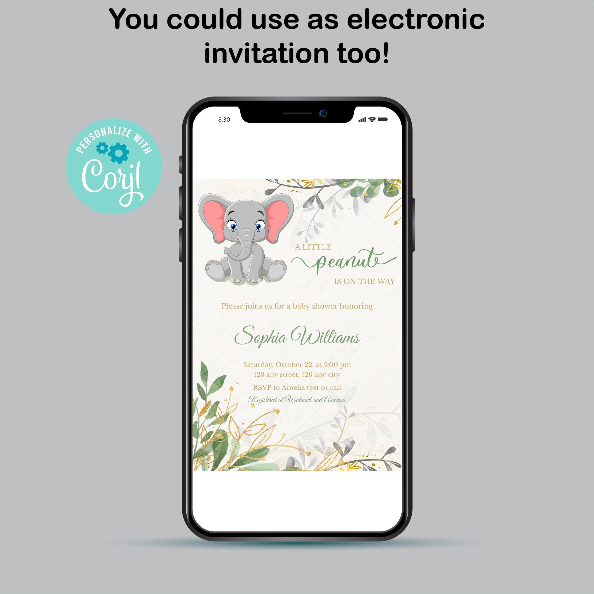 Editable Elephant Baby Shower Invitation, Green Floral Elephant Baby ...