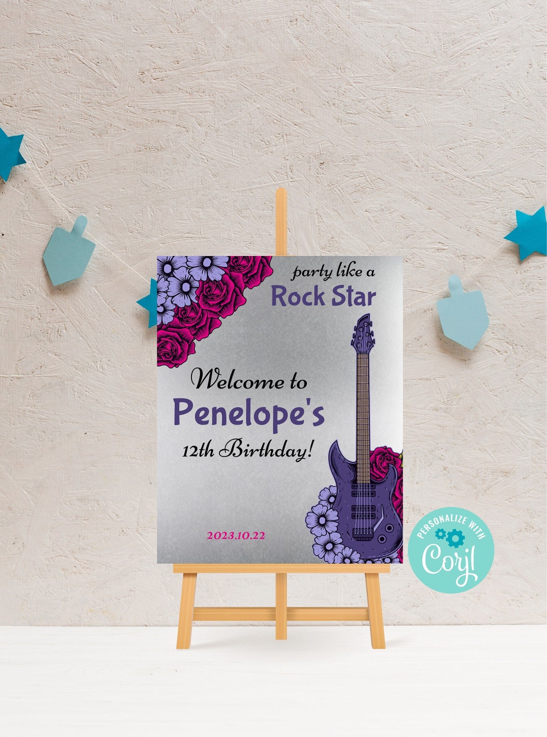 Editable Printable Purple Silver Rock Star Birthday Welcome Sign ...