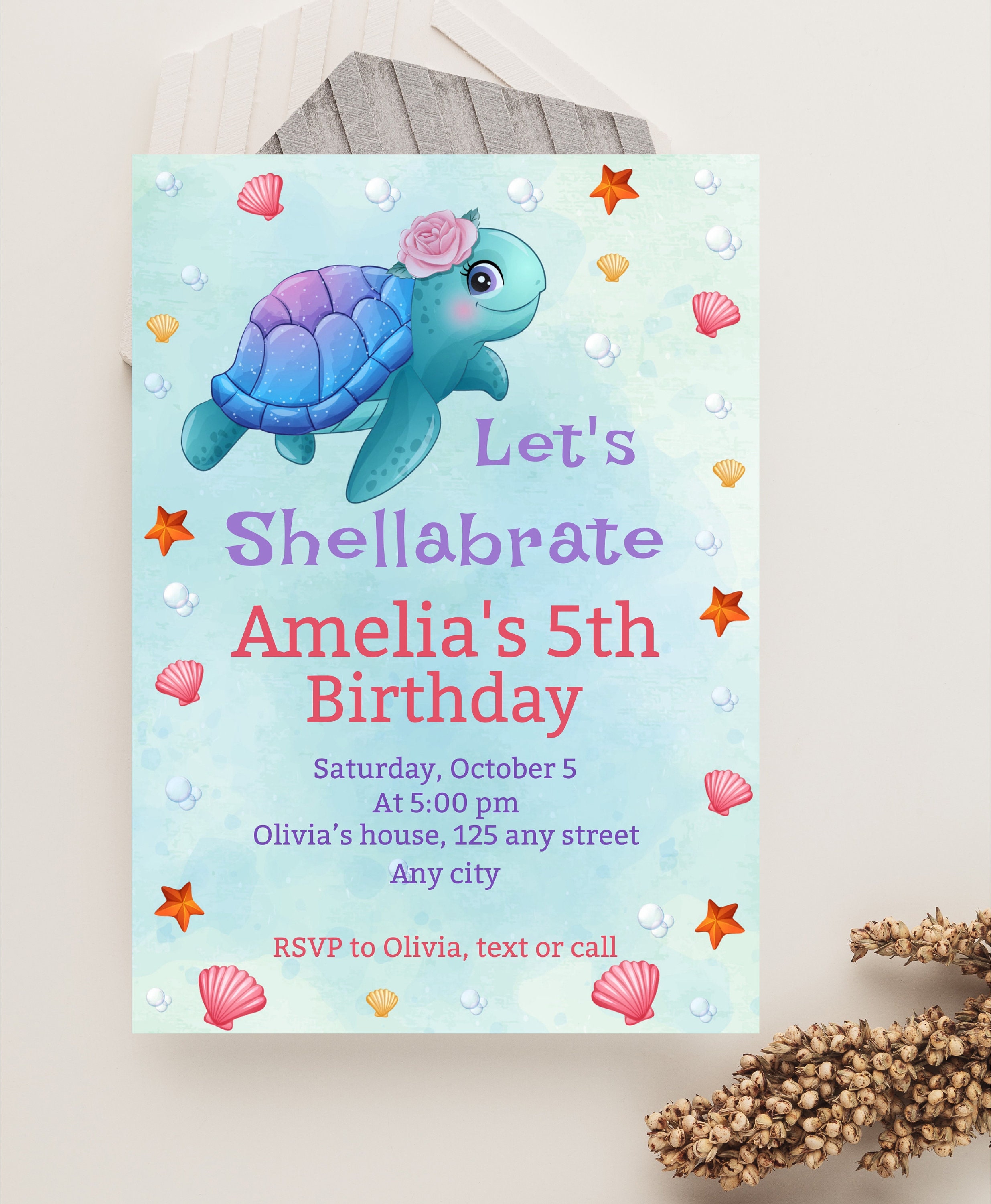 Pink Turtle Birthday Party Invitation, Let's Shellabrate Birthday ...