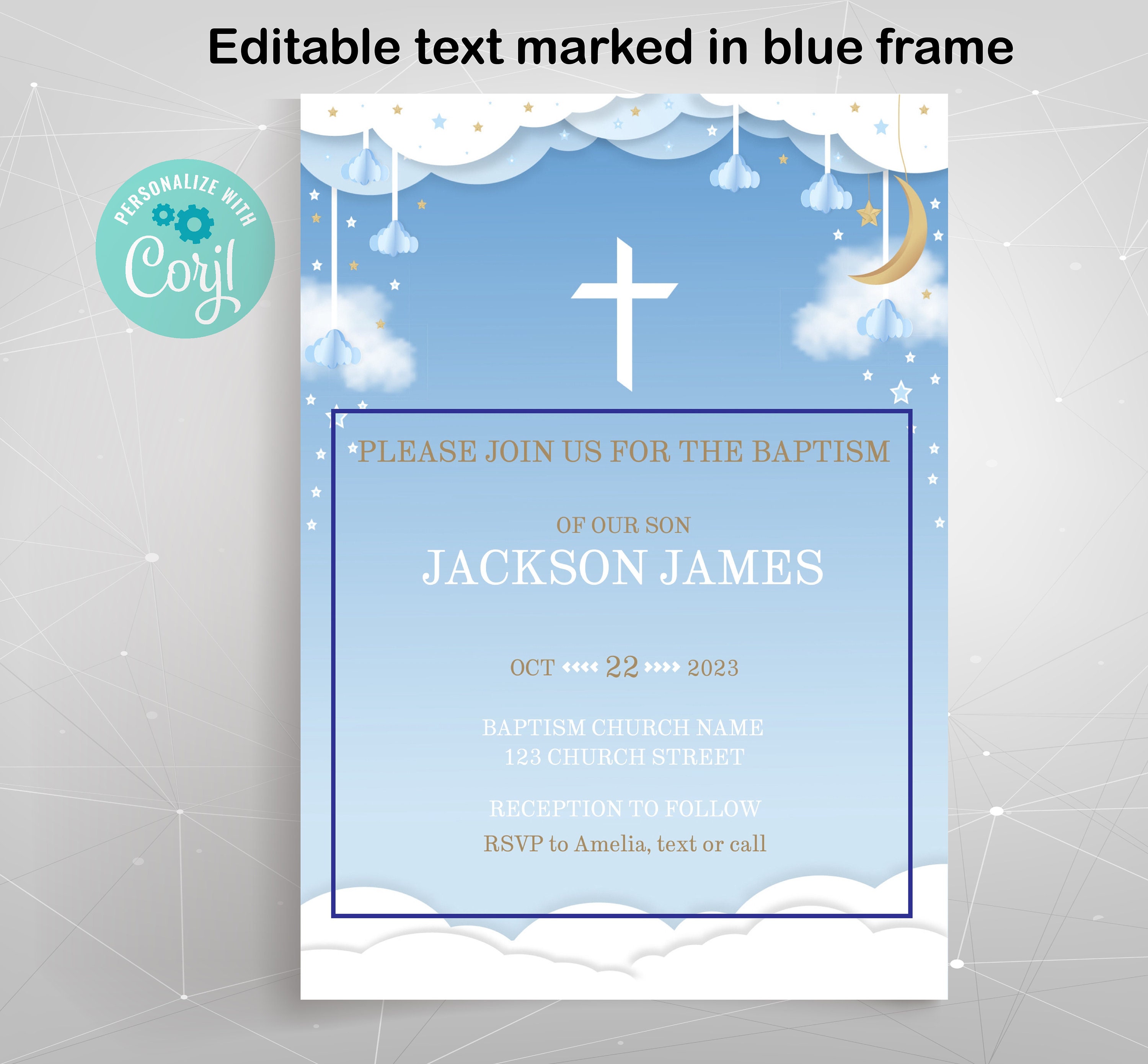 Editable Boy Baptism Invitation, Electronic Blue Sky and Moon ...
