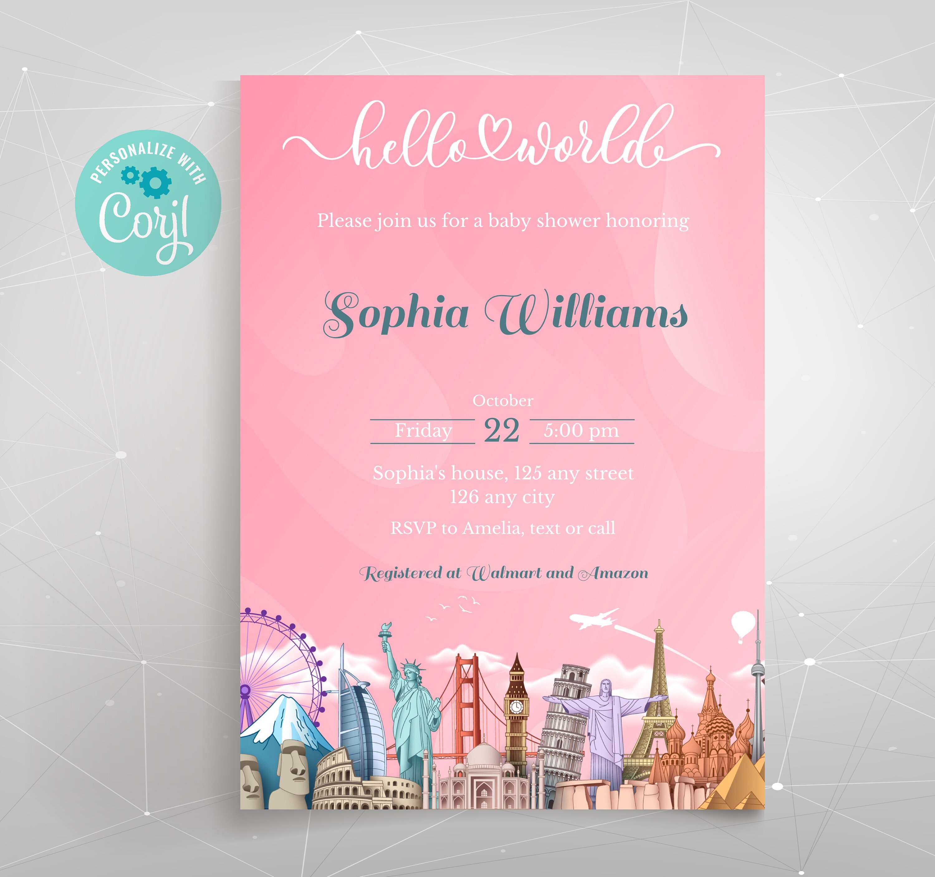 Editable Hello World Baby Shower Invitation, Travel Themed Baby Shower ...