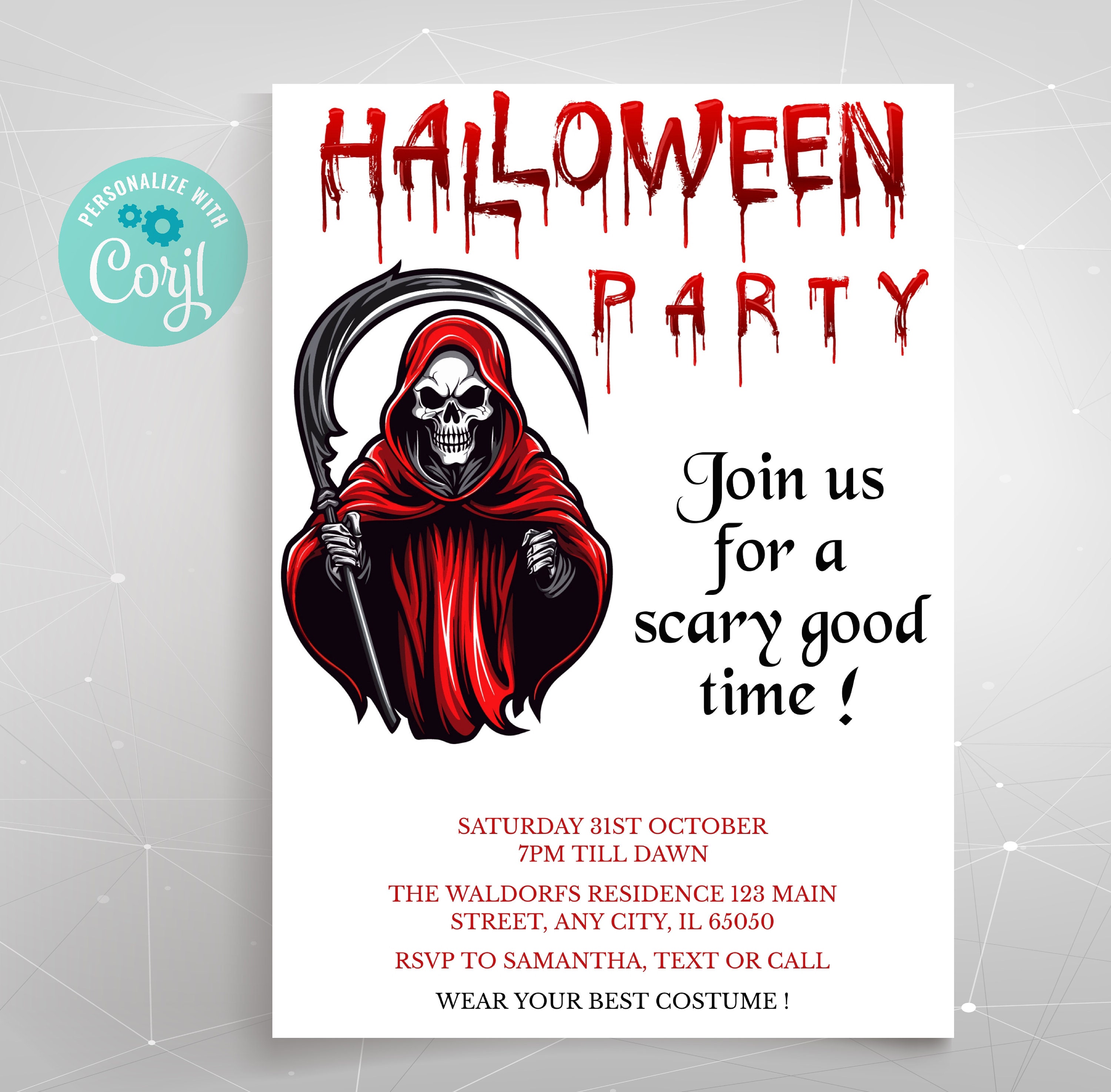 Scary Halloween Party Invitation for Adults, Halloween Costume Party ...