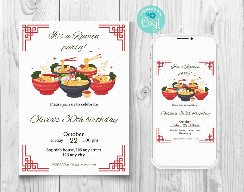 Ramen Birthday Party Invitation, Dinner Birthday Party Invitation ...