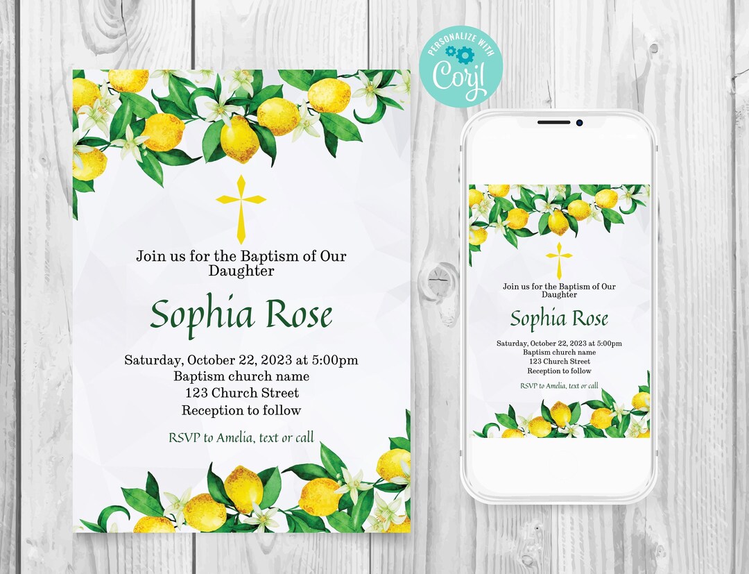 Editable Lemon Baptism Invitation, Green Yellow Christening Invitation ...