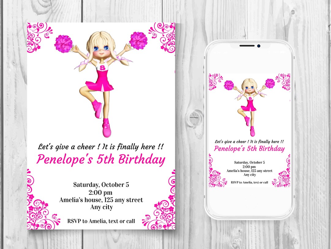 Pink Cheerleader Birthday Party Invitation, Pink Dance Party Invitation ...