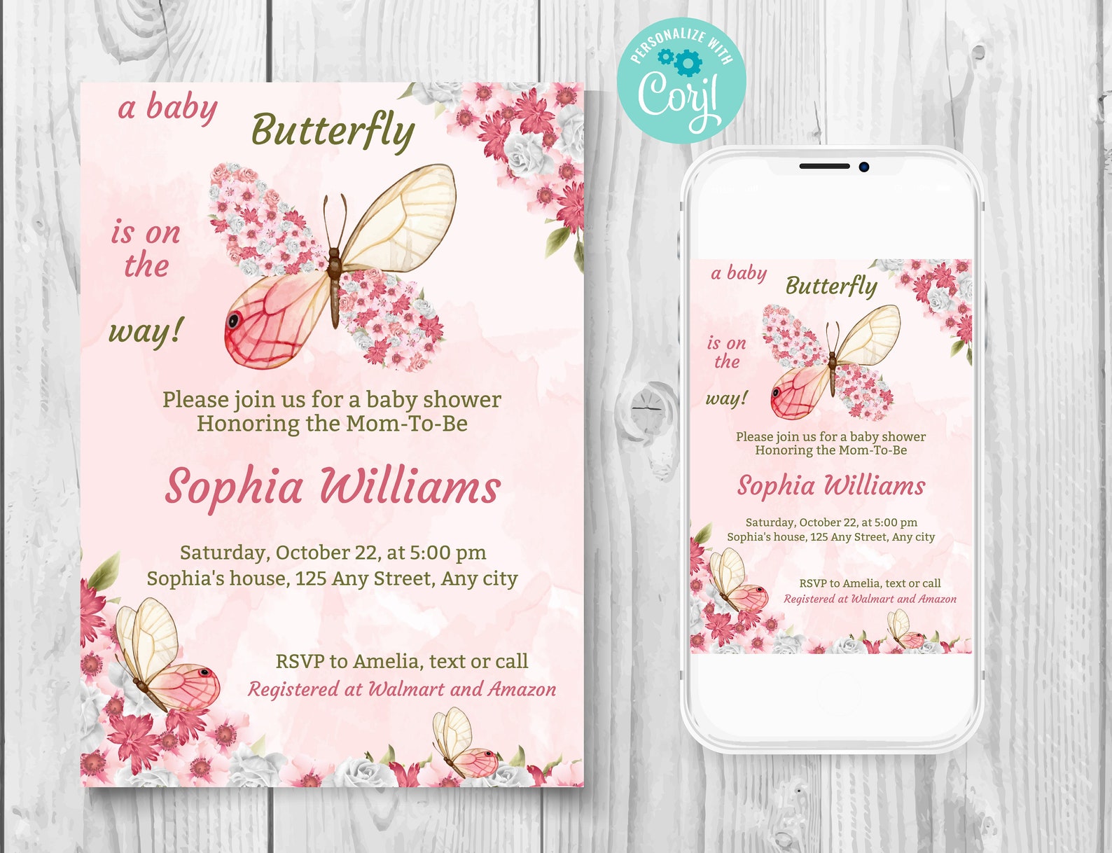 Editable Pink Butterfly Baby Shower Invitation, A Baby Butterfly is on ...