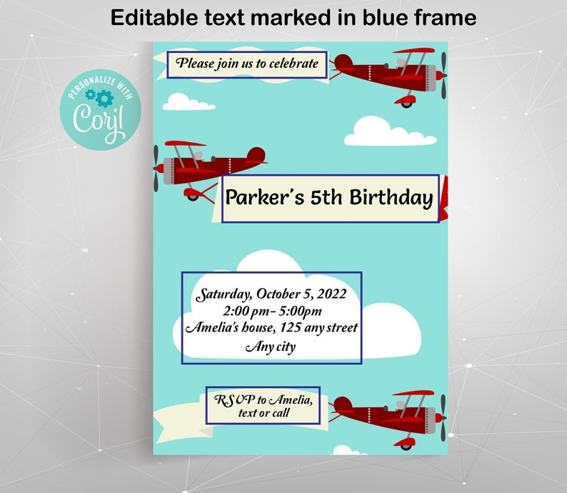 Editable Printable Airplane With Ribbons Birthday Party Invitation ...