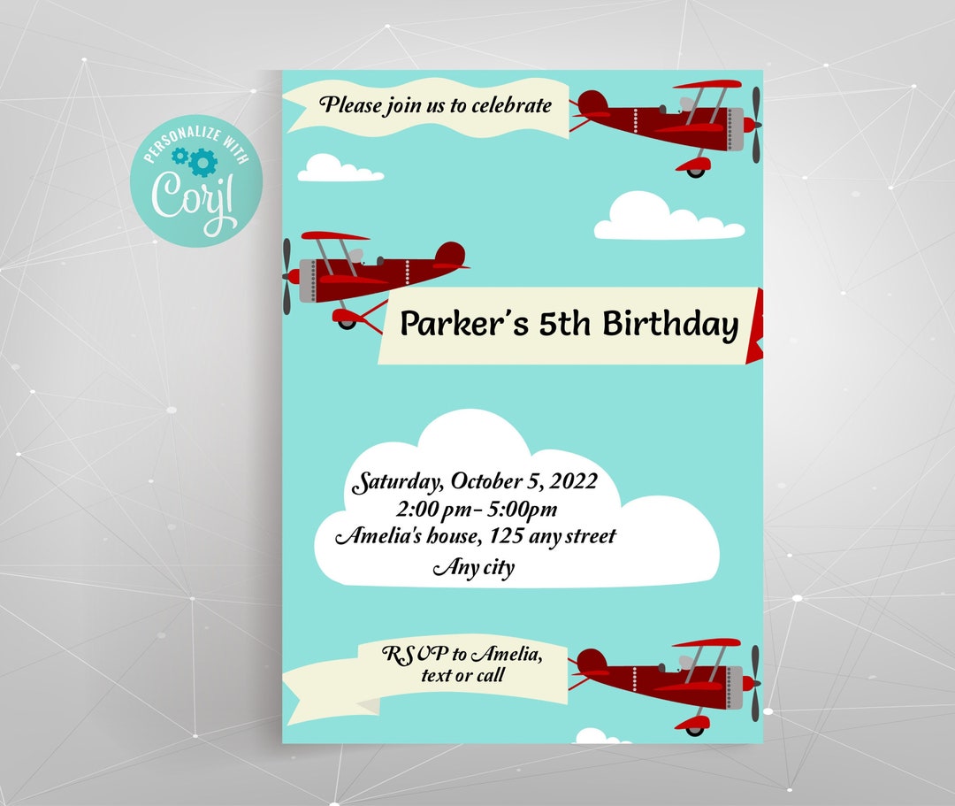 Editable Printable Airplane With Ribbons Birthday Party Invitation ...