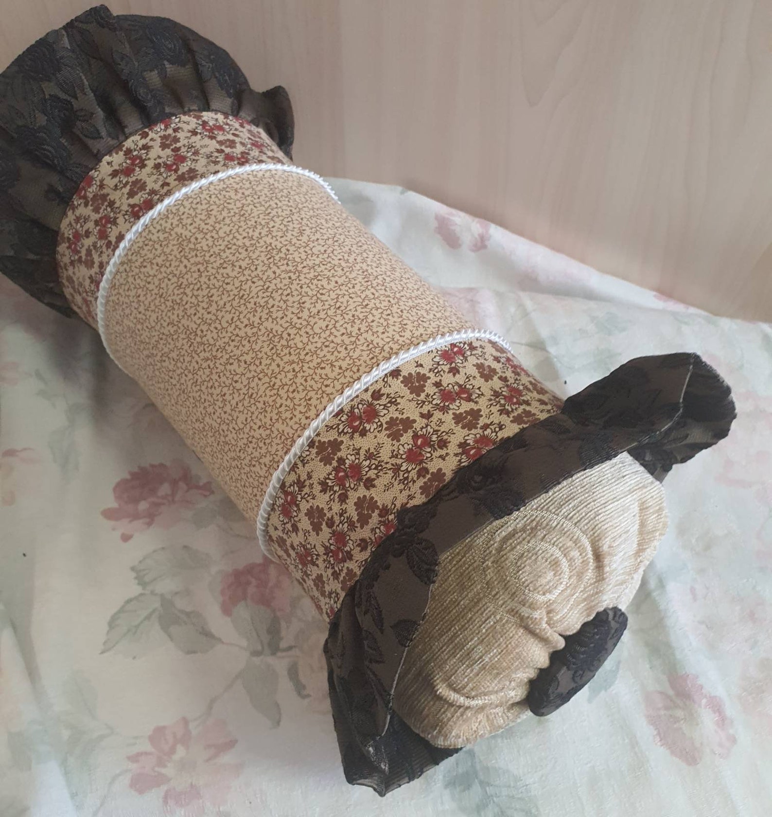 Vintage Bolster Pillows, Brawn Velvet, Floral Cotton, Ruffle Pillow ...