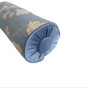 Vintage Bolster Pillows, Blue Velvet, Floral Jacquard, Blue Pipping ...