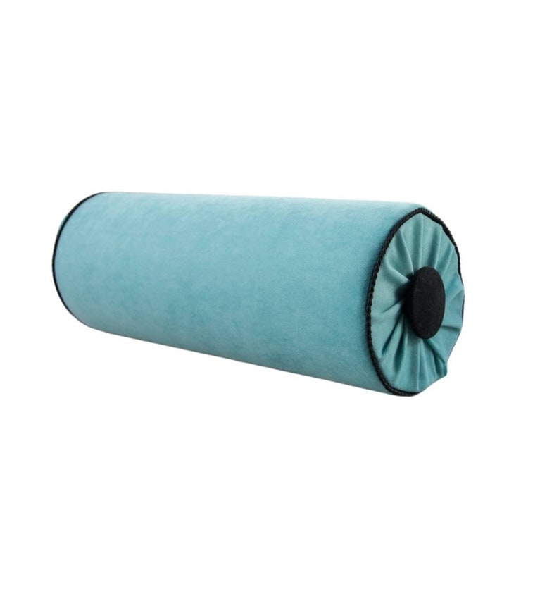 Decorative Bolster Pillow, Aqua Blue Velvet, Black Pipping, Unique ...