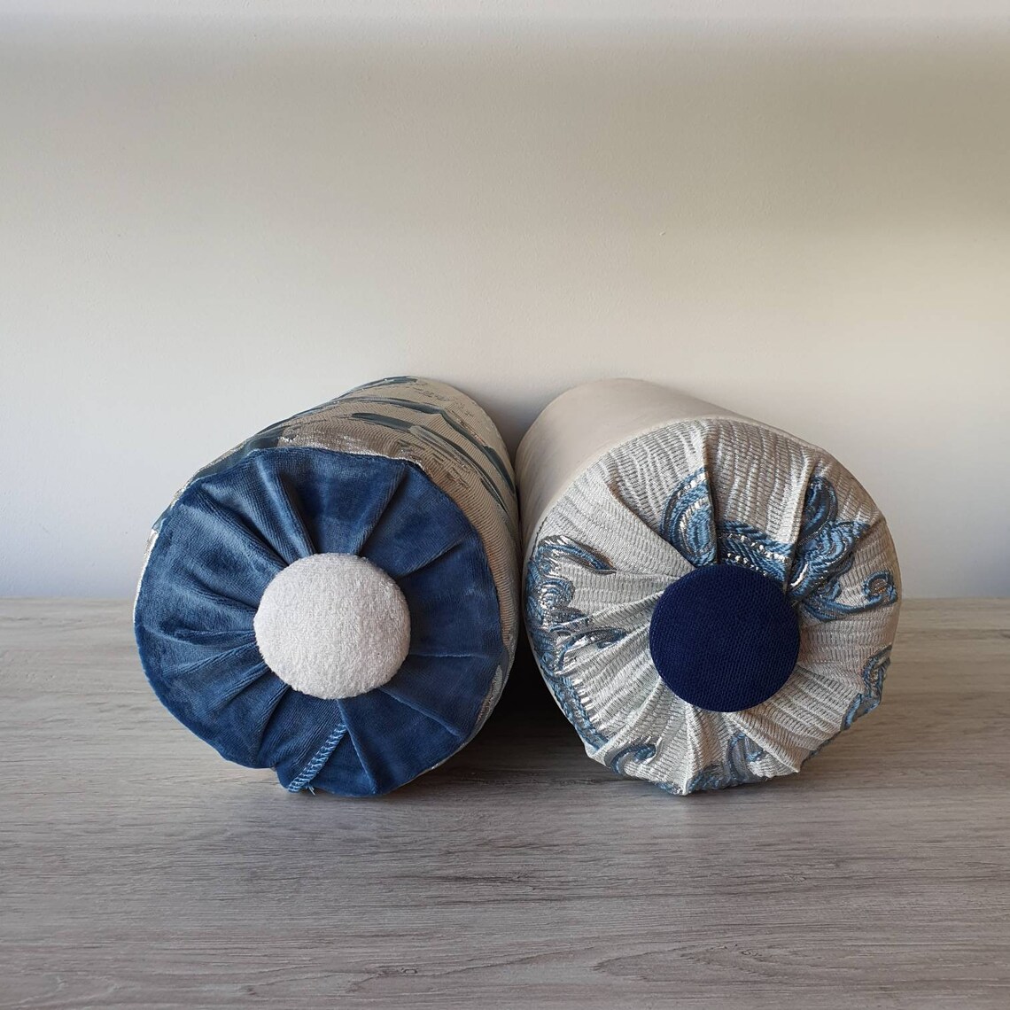Blue Bolster Pillow, Floral Jacquard, Silver Metallic, Decorative ...