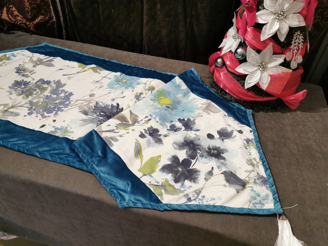Luxury Table Runner High Quality Blue Velvet Floral Cotton - Etsy