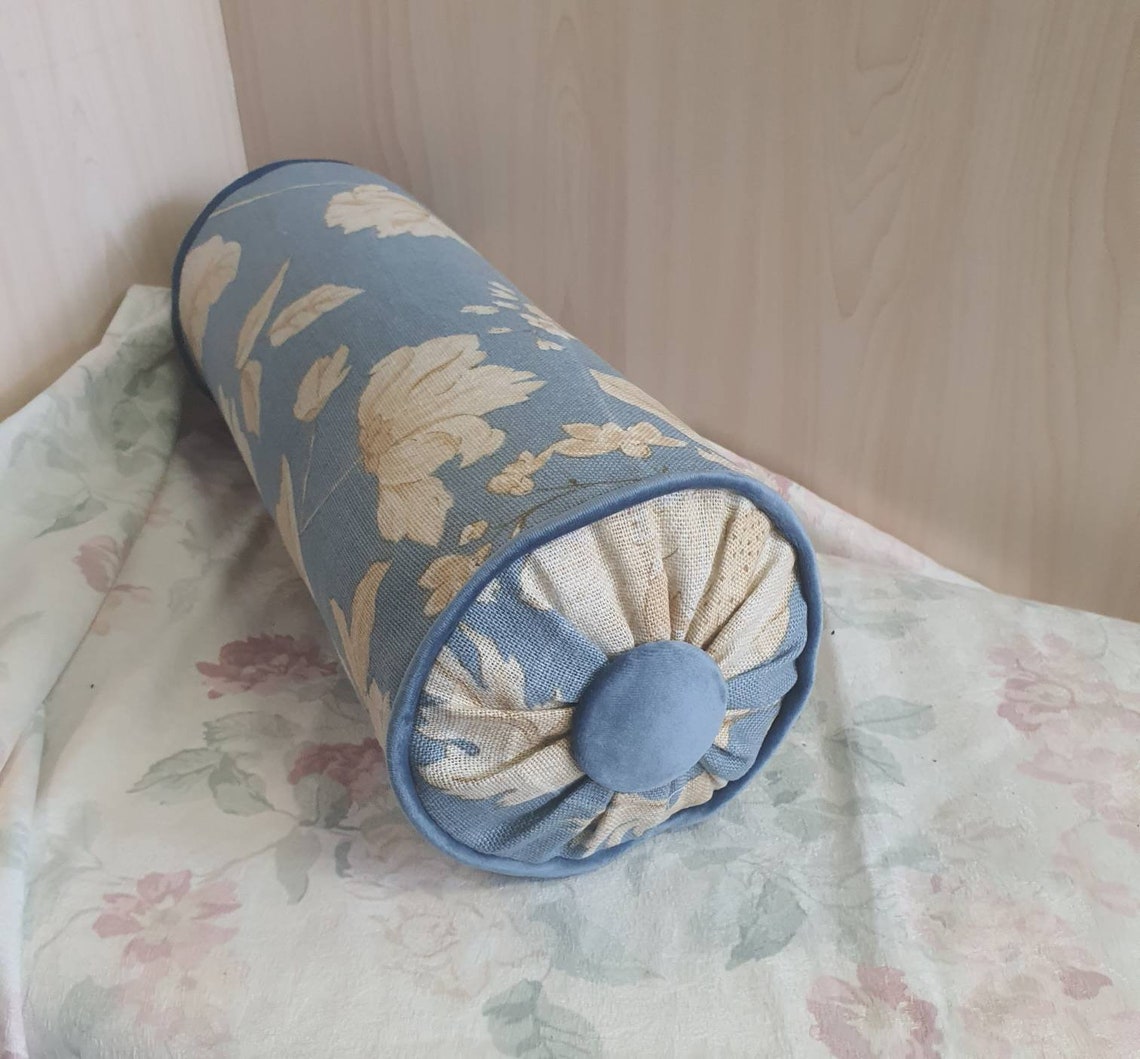Vintage Bolster Pillows, Blue Velvet, Floral Jacquard, Blue Pipping ...