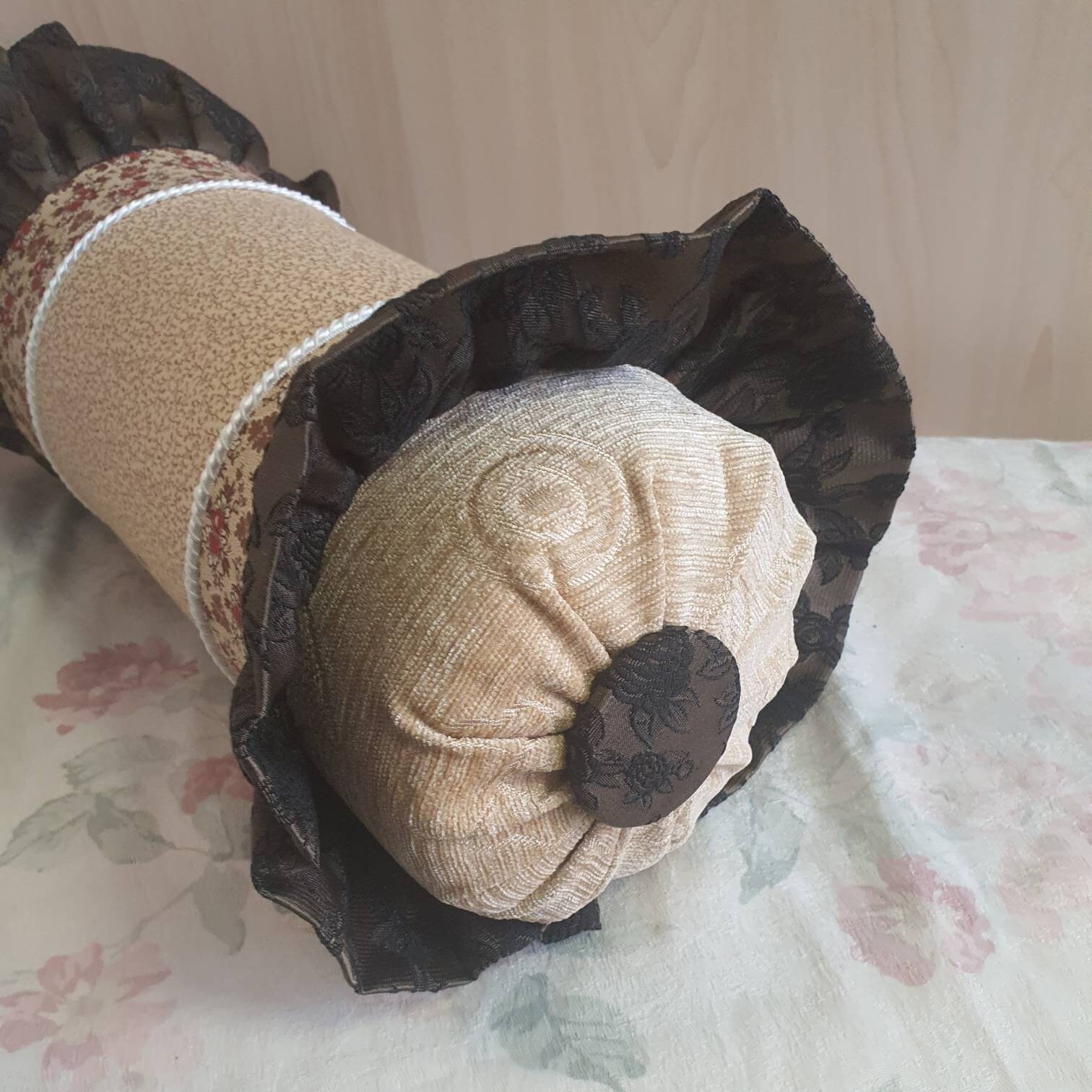 Vintage Bolster Pillows, Brawn Velvet, Floral Cotton, Ruffle Pillow ...