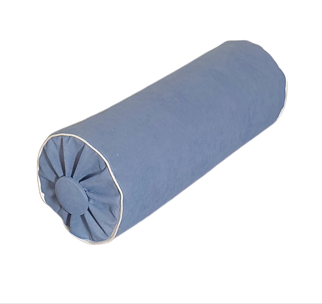 Bolster Pillow, Blue Velvet, White Pipping, Decorative Button Unique ...