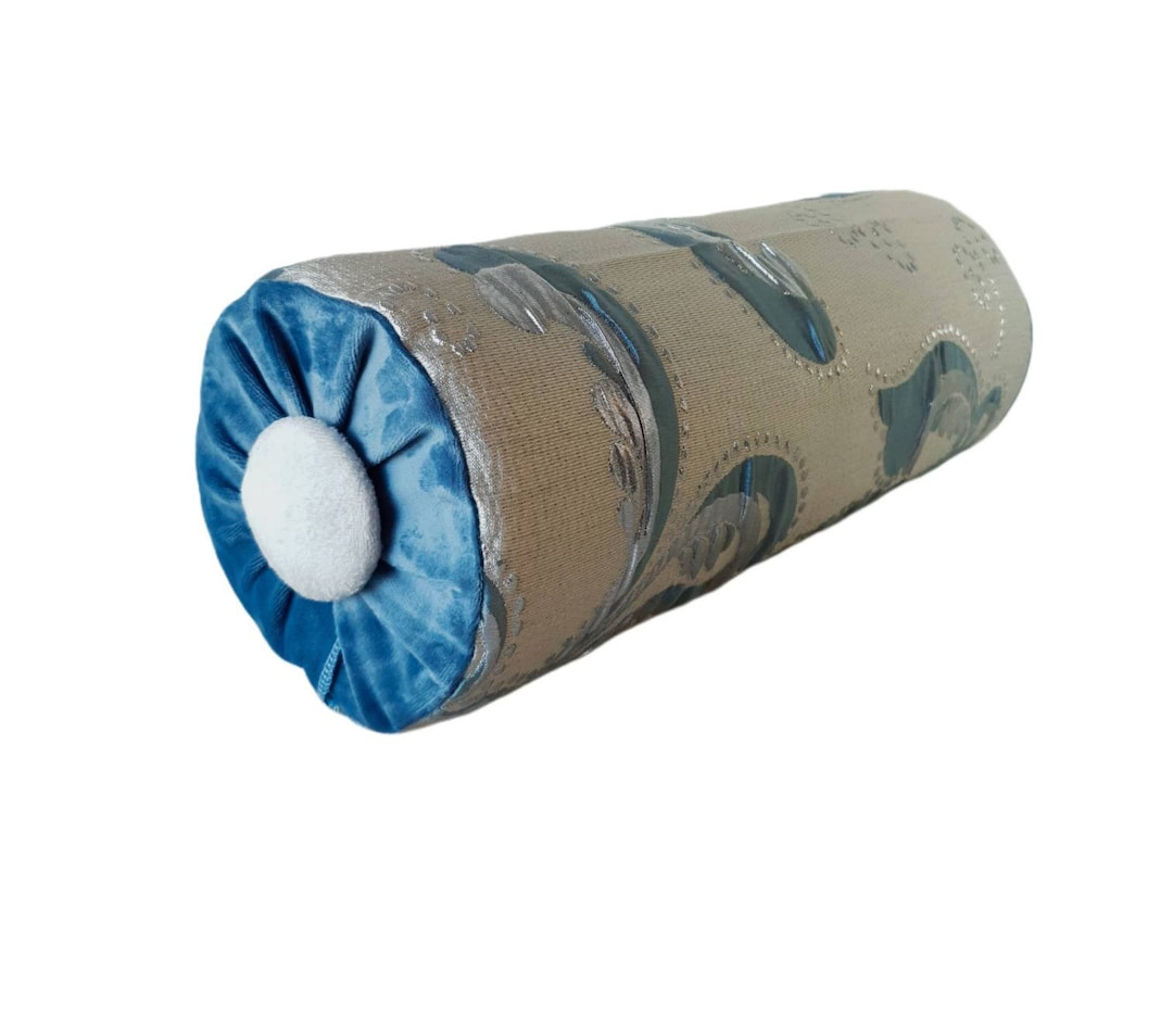 Blue Bolster Pillow, Floral Jacquard, Silver Metallic, Decorative ...