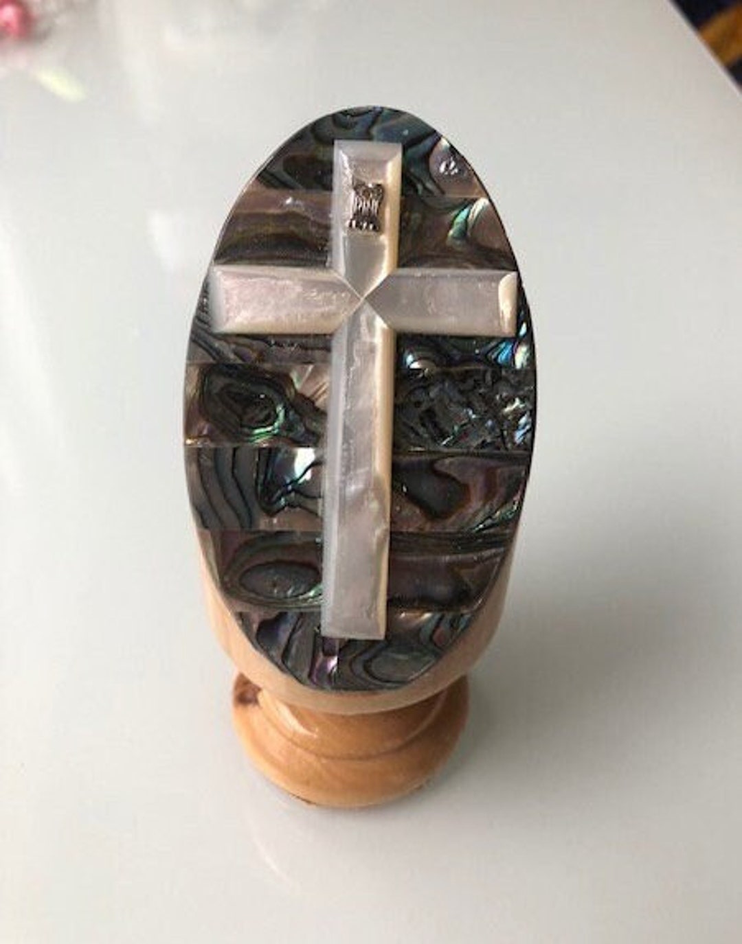 Alabaster Cross on Shell With Handcrafted Wood Stand From Bethlehem ...