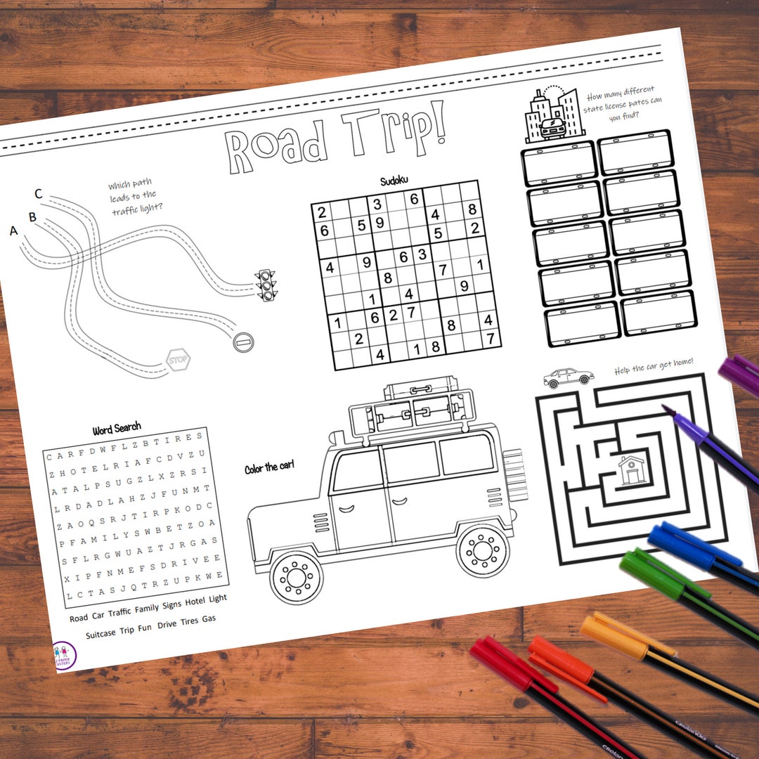 Road Trip Activity Placemat, Kids Coloring Pages, Children Coloring ...