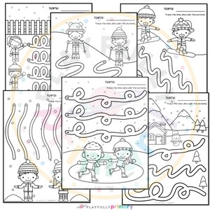 Winter Line Tracing + Coloring Worksheets - Pre-writing Skills Tracing ...