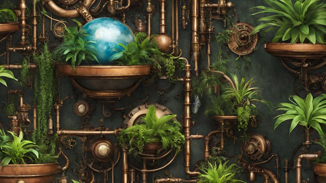 Zoom Virtual Background, Steampunk, Plant Wall, Tropical Plants - Etsy