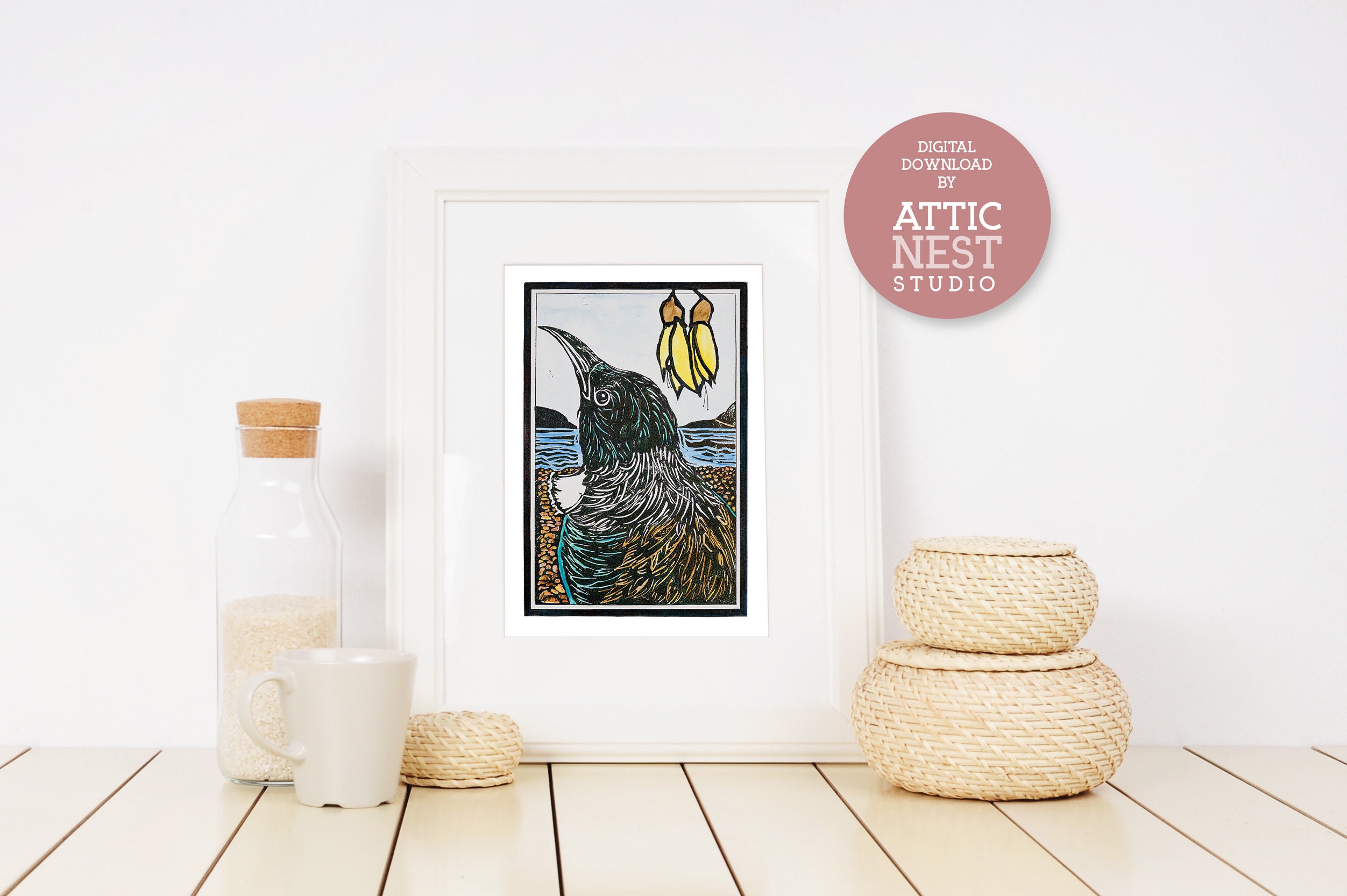 Tui - New Zealand Native Bird - Large Print From Original Lino Print ...