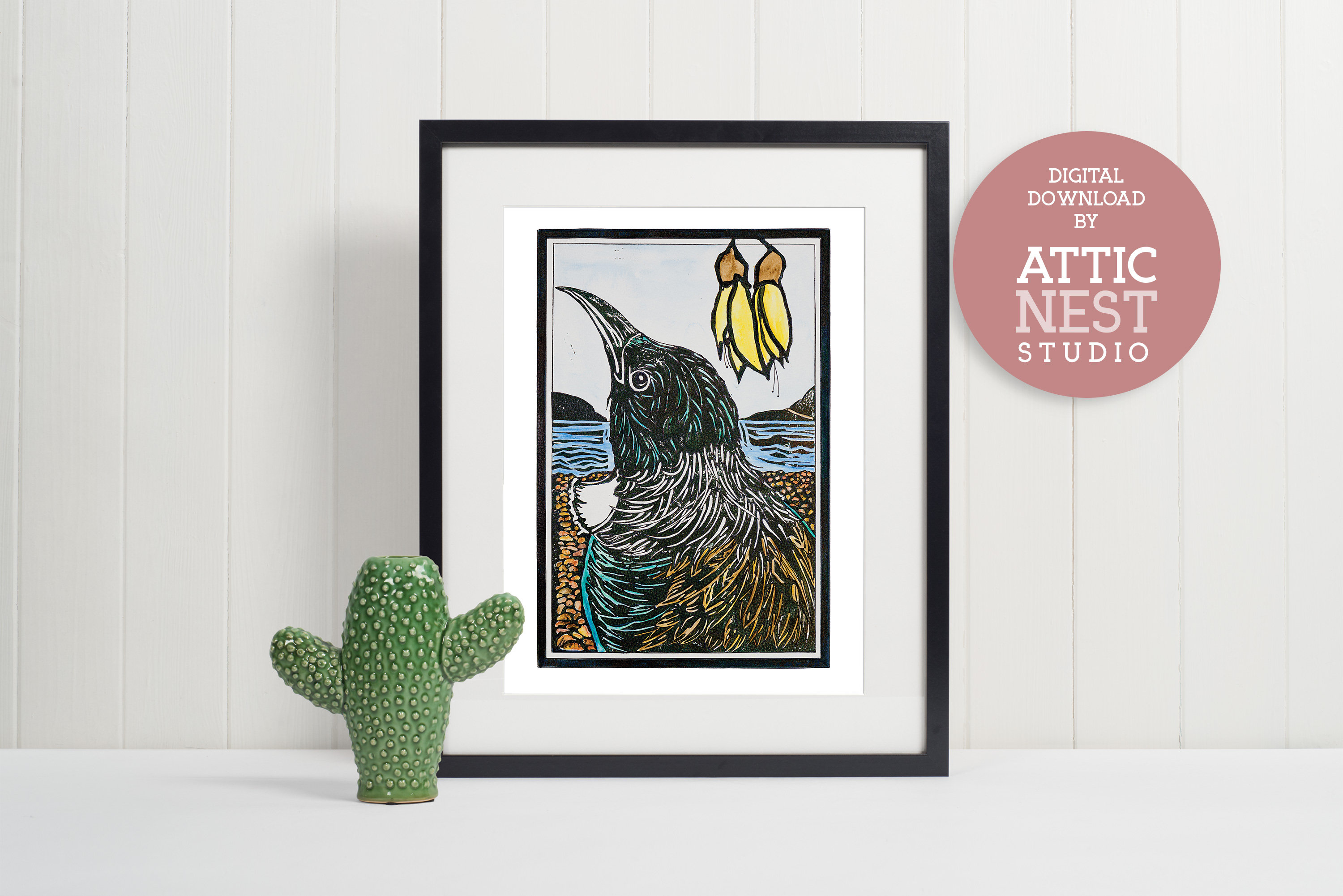 Tui - New Zealand Native Bird - Large Print From Original Lino Print ...