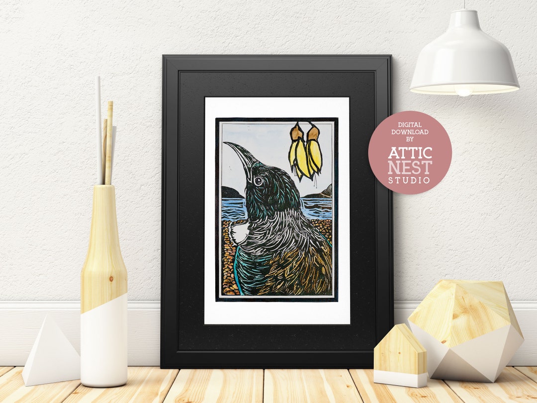 Tui - New Zealand Native Bird - Large Print From Original Lino Print ...