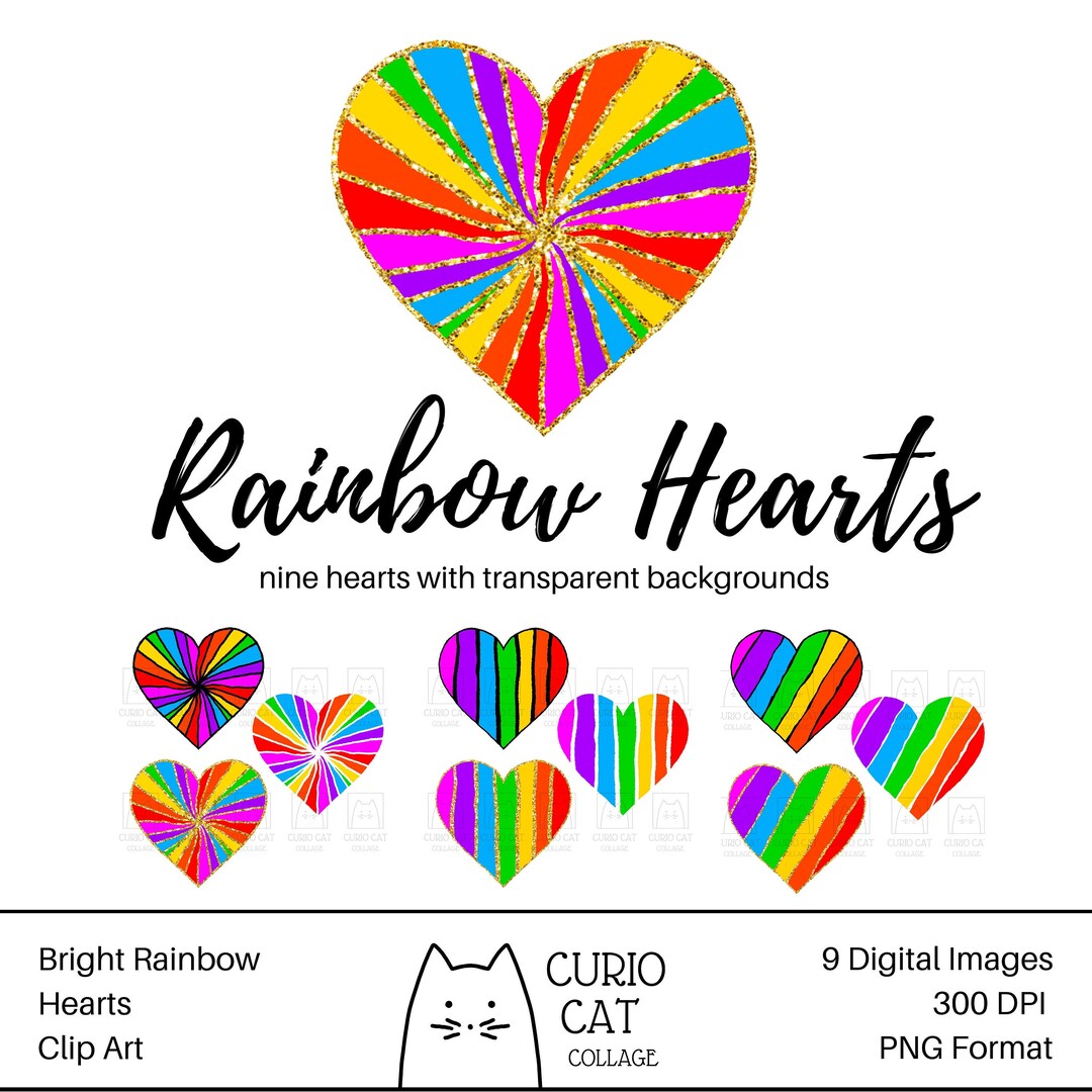 Bright Rainbow Hearts Clip Art Digital Download - Etsy UK