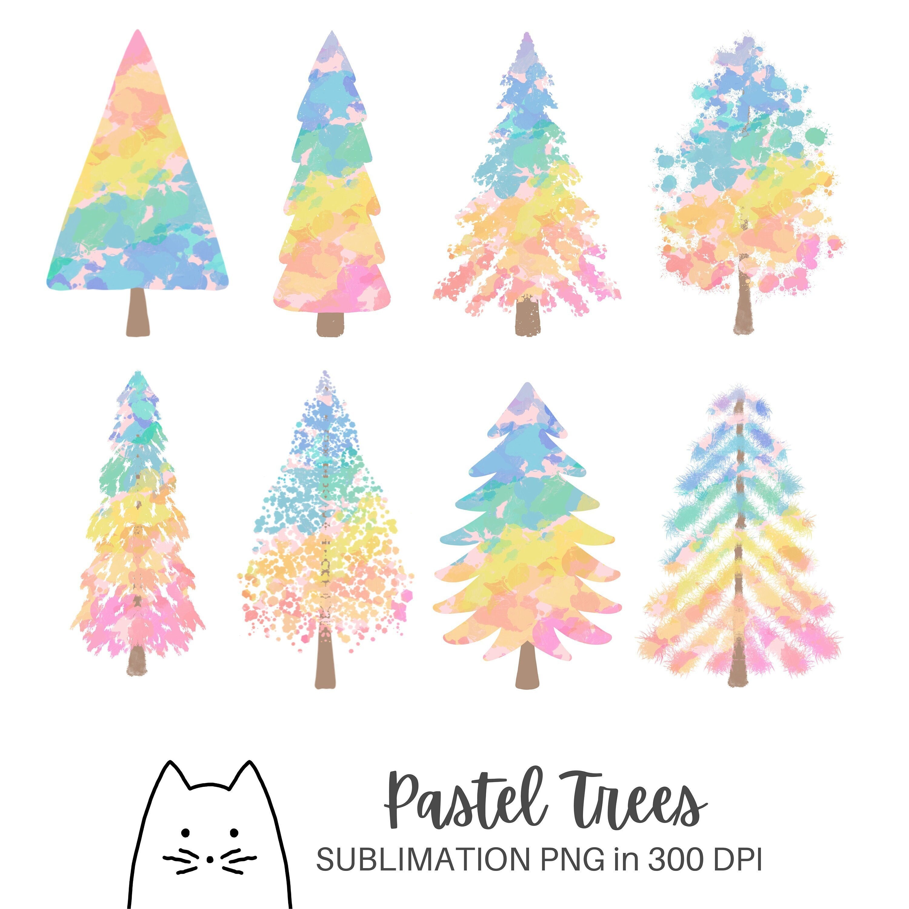 Pastel Trees Clip Art in Soft Rainbow Colors 300 DPI PNG With ...