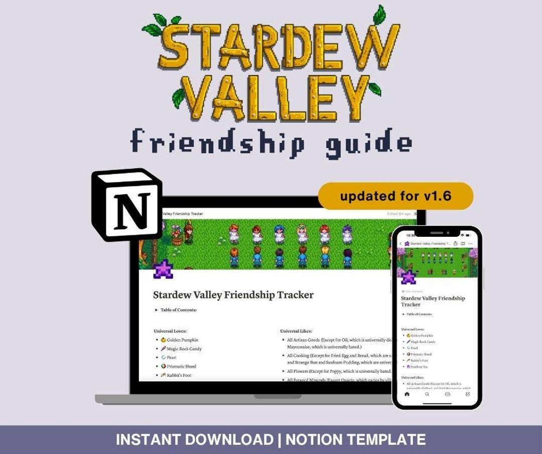 Stardew Valley Friendship Guide | Notion Template for Gamers | Digital ...