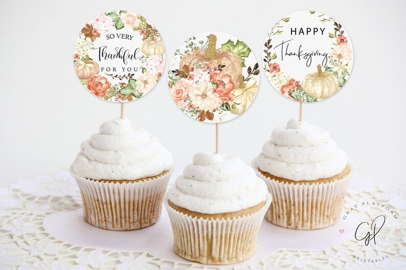 Thanksgiving Cupcake Toppers Printable Floral Pumpkin | Etsy