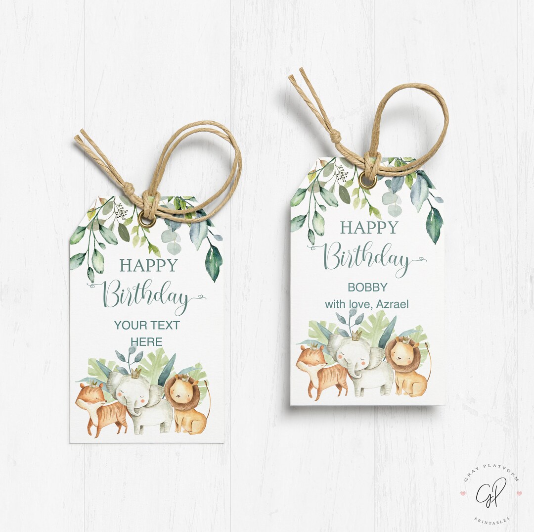 Editable Happy Birthday Tags, Safari Animals, Watercolor Print, Kids ...