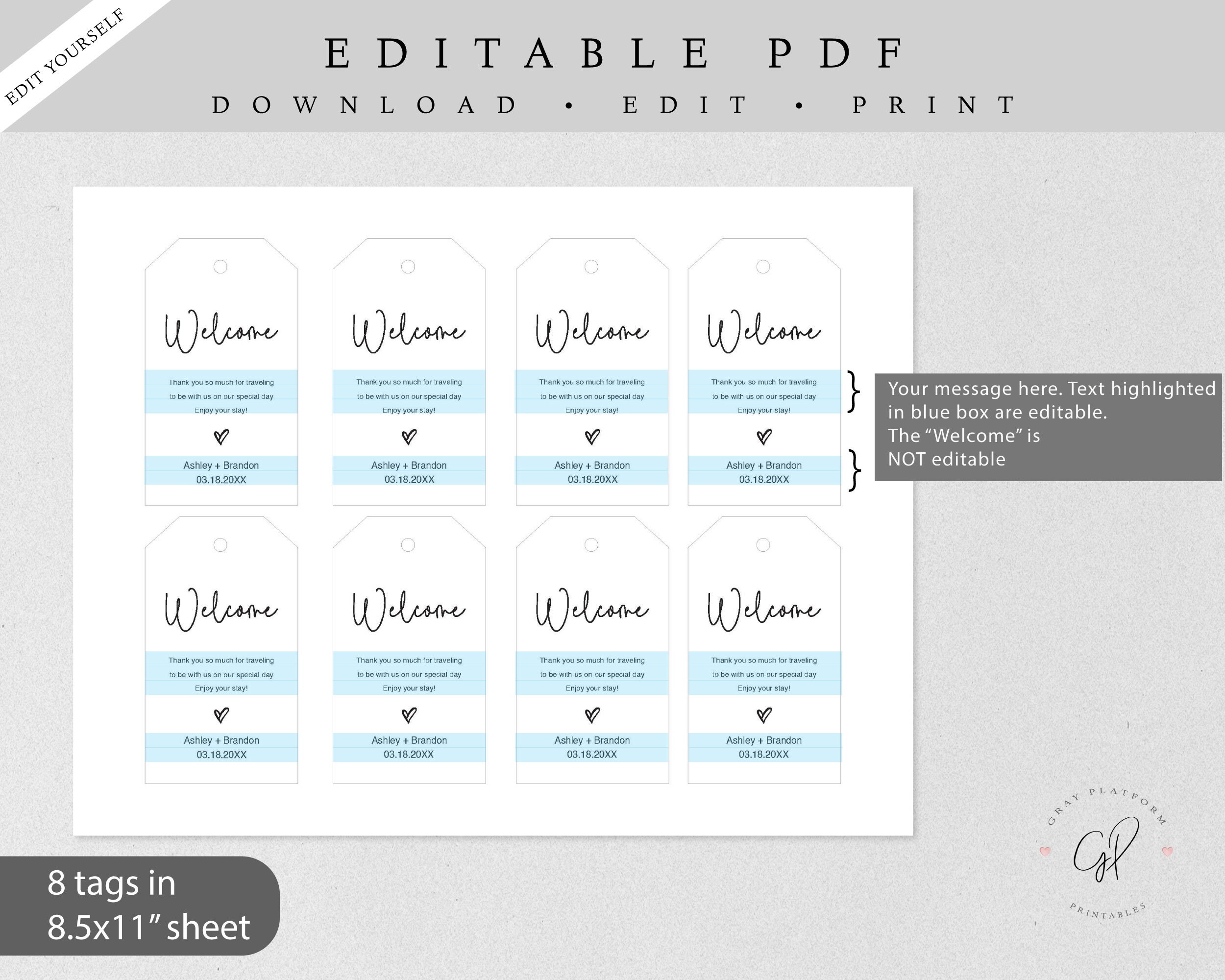 Welcome Tags Printable Gift Tags, Welcome Hotel Tag for Guest ...