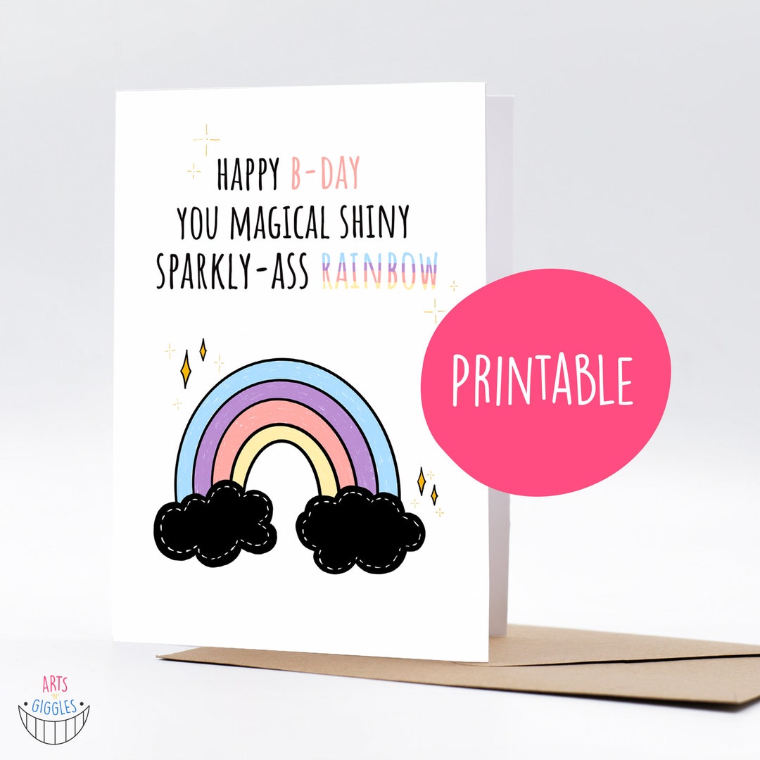 B-DAY Funny Card, Blank Inside Printable Card, Colorfull Shiny Rainbow ...
