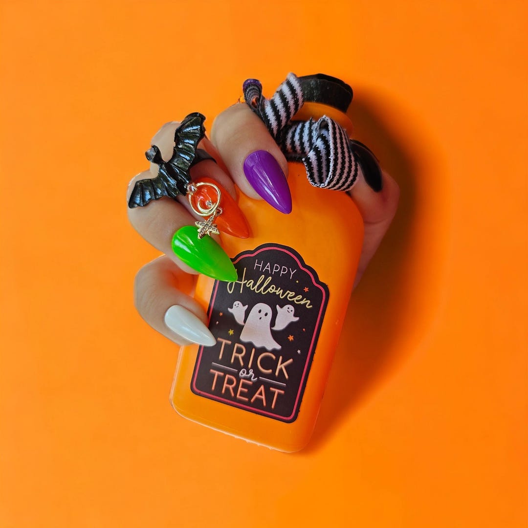 Halloween Stiletto Press on Nails: Gradient Theme, Rhinestone Charm - Etsy