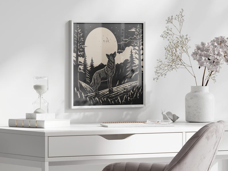 Rustic Wolf and Moon Printable Wall Art | Black and White Nature ...