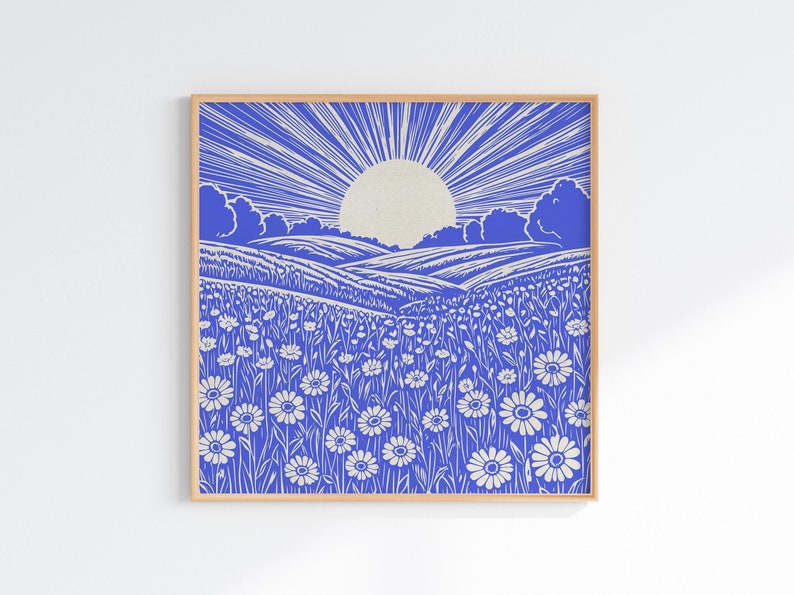 Serene Sunrise Linocut Art | Boho Sun and Nature Printable Wall Decor ...