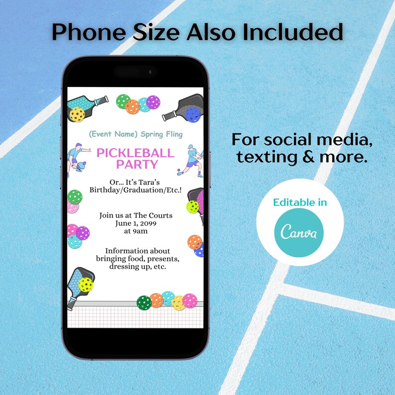 Editable Pickleball Party Invitation Template, Digital Phone Invite ...