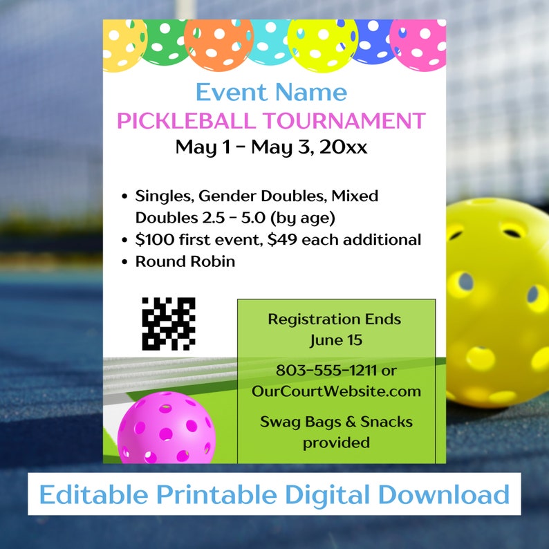 Editable Pickleball Tournament Flyer: Printable Sign Template (8.5 X 11 ...