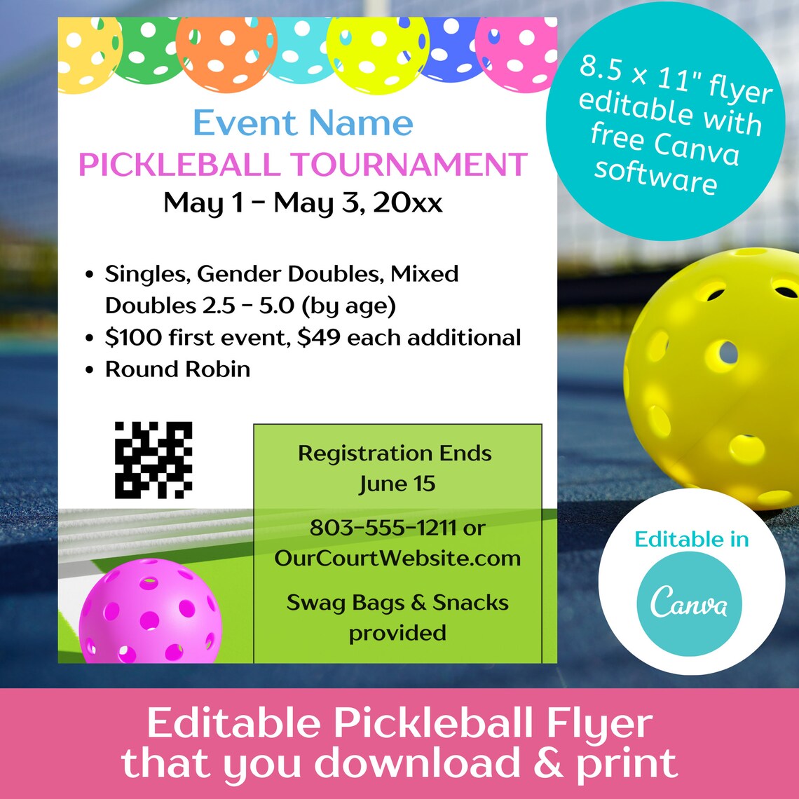 Editable Pickleball Tournament Flyer: Printable Sign Template (8.5 X 11 ...