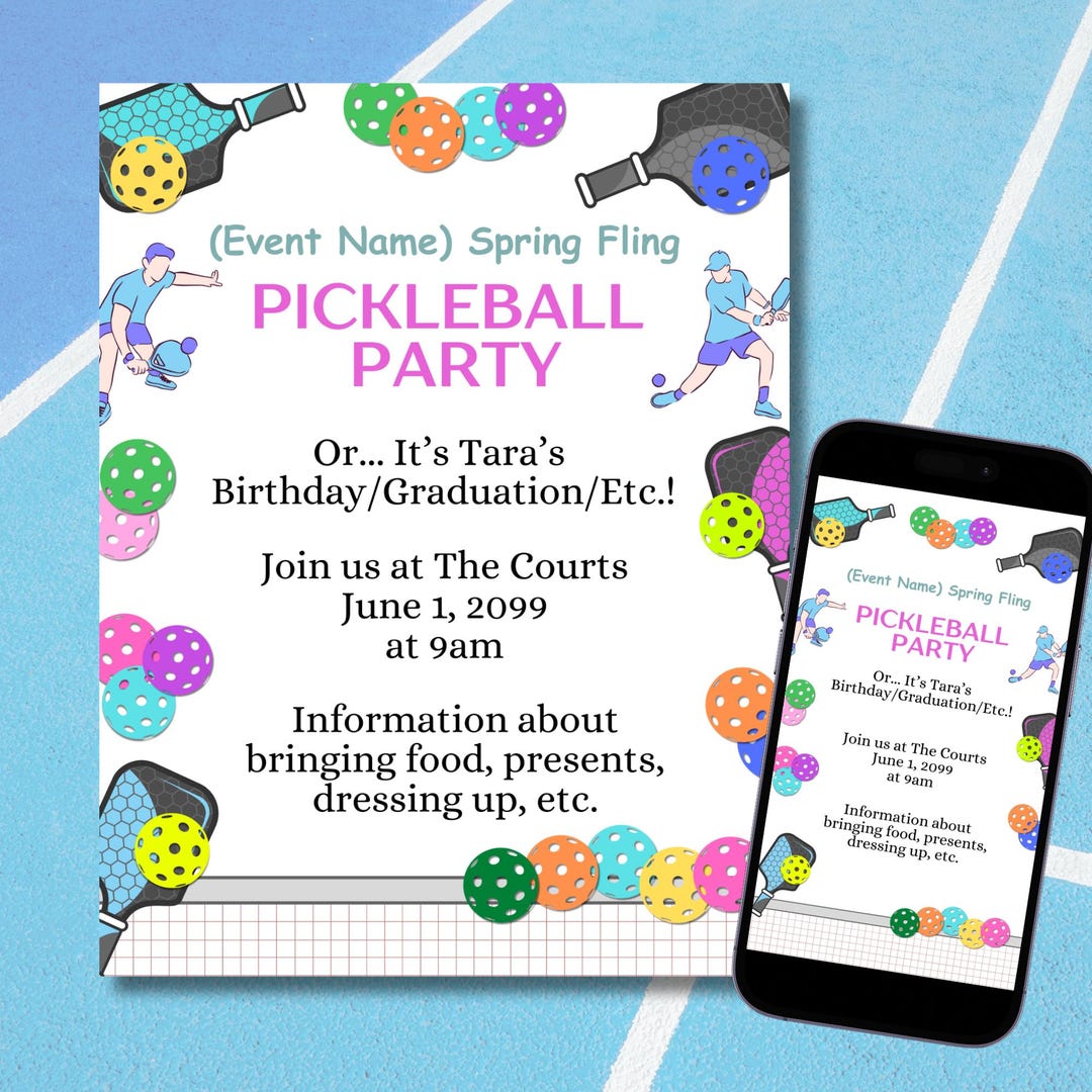 Editable Pickleball Party Invitation Template, Digital Phone Invite ...